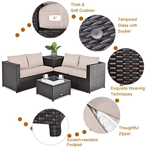 Tangkula 5 Piece Patio Furniture Set with 50,000 BTU Propane Fire Pit Table, Outdoor Wicker Conversation Set w/Cushions, Storage Box and Tempered Glass Coffee Table, 30β Gas Fire Pit Table (Beige)