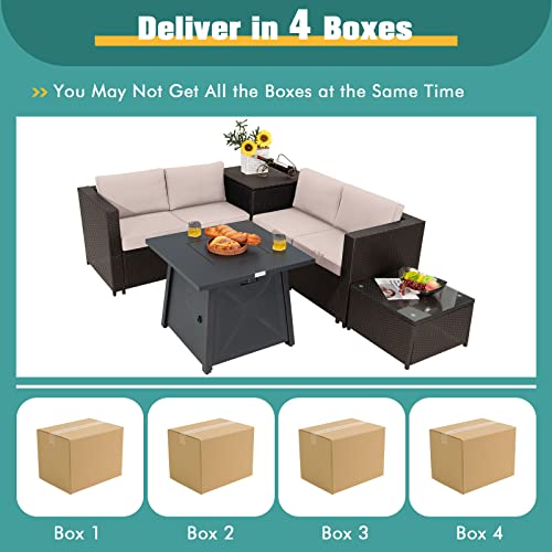 Tangkula 5 Piece Patio Furniture Set with 50,000 BTU Propane Fire Pit Table, Outdoor Wicker Conversation Set w/Cushions, Storage Box and Tempered Glass Coffee Table, 30β Gas Fire Pit Table (Beige)