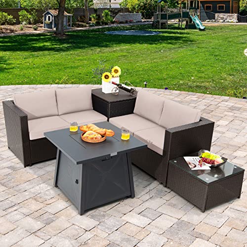 Tangkula 5 Piece Patio Furniture Set with 50,000 BTU Propane Fire Pit Table, Outdoor Wicker Conversation Set w/Cushions, Storage Box and Tempered Glass Coffee Table, 30β Gas Fire Pit Table (Beige)