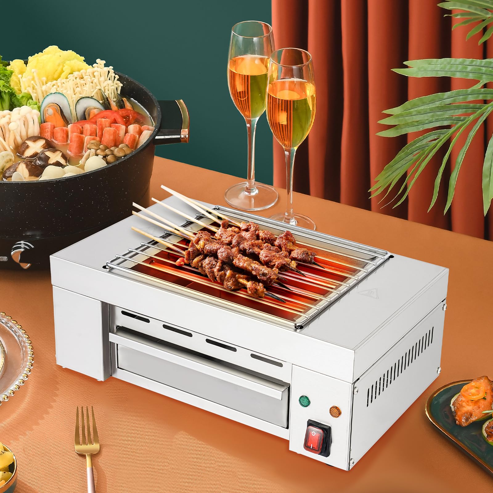 Barbecue Electric Grill, Commercial and Family Use Griddle with Detachable Grill Mesh, BBQ Grill for Grilled Cheese, Hot Dogs, Corn, Fish, Steak, 1500W, 110V