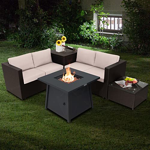 Tangkula 5 Piece Patio Furniture Set with 50,000 BTU Propane Fire Pit Table, Outdoor Wicker Conversation Set w/Cushions, Storage Box and Tempered Glass Coffee Table, 30β Gas Fire Pit Table (Beige)