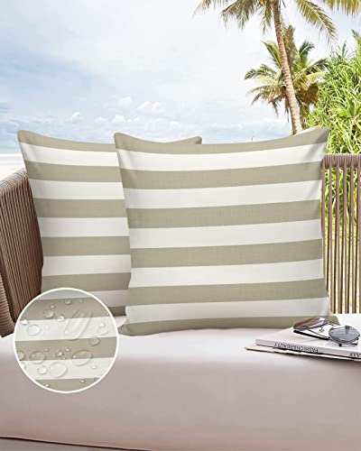 Beige Geometry Stripe Farm House Outdoor Throw Pillow Covers Cases for Patio Furniture Set of 2, Rustic Contemporary Waterproof Decorative Lumbar Pillowcases for Couch Garden Tent Balcony 20x20 Inch