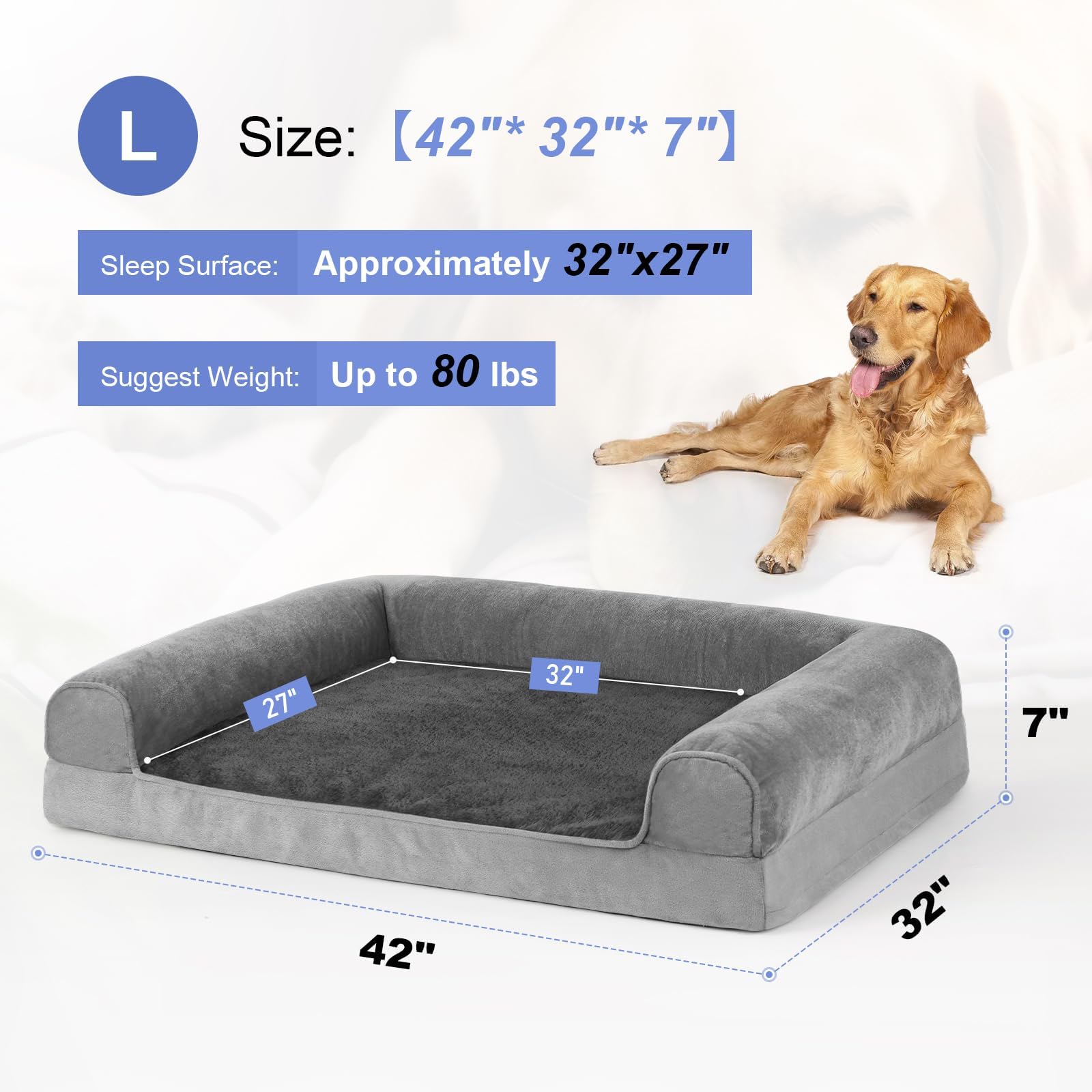 Sivomens Orthopedic Dog Bed for Large Dogs, Thick Egg-Crate Bolster Dog Bed with Sides, Removable Washable Cover and Nonskid Bottom Pet Sofa beds for Comfortable Sleep