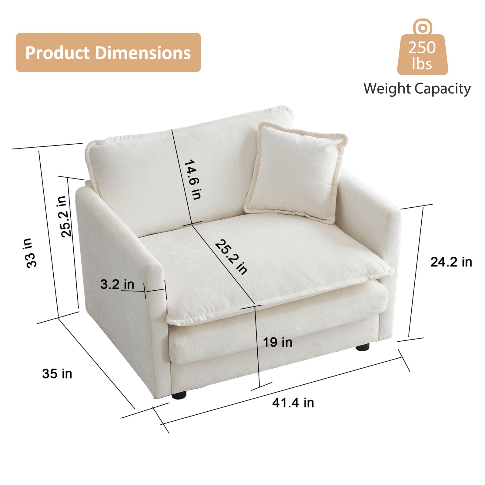 KIVENJAJA Chenille Single Sofa Chair, 41.4”W Oversized Accent Chairs, Modern Upholstered Deep Seat Comfy Armchair with Pillow for Living Room Bedroom Office Apartment, Beige
