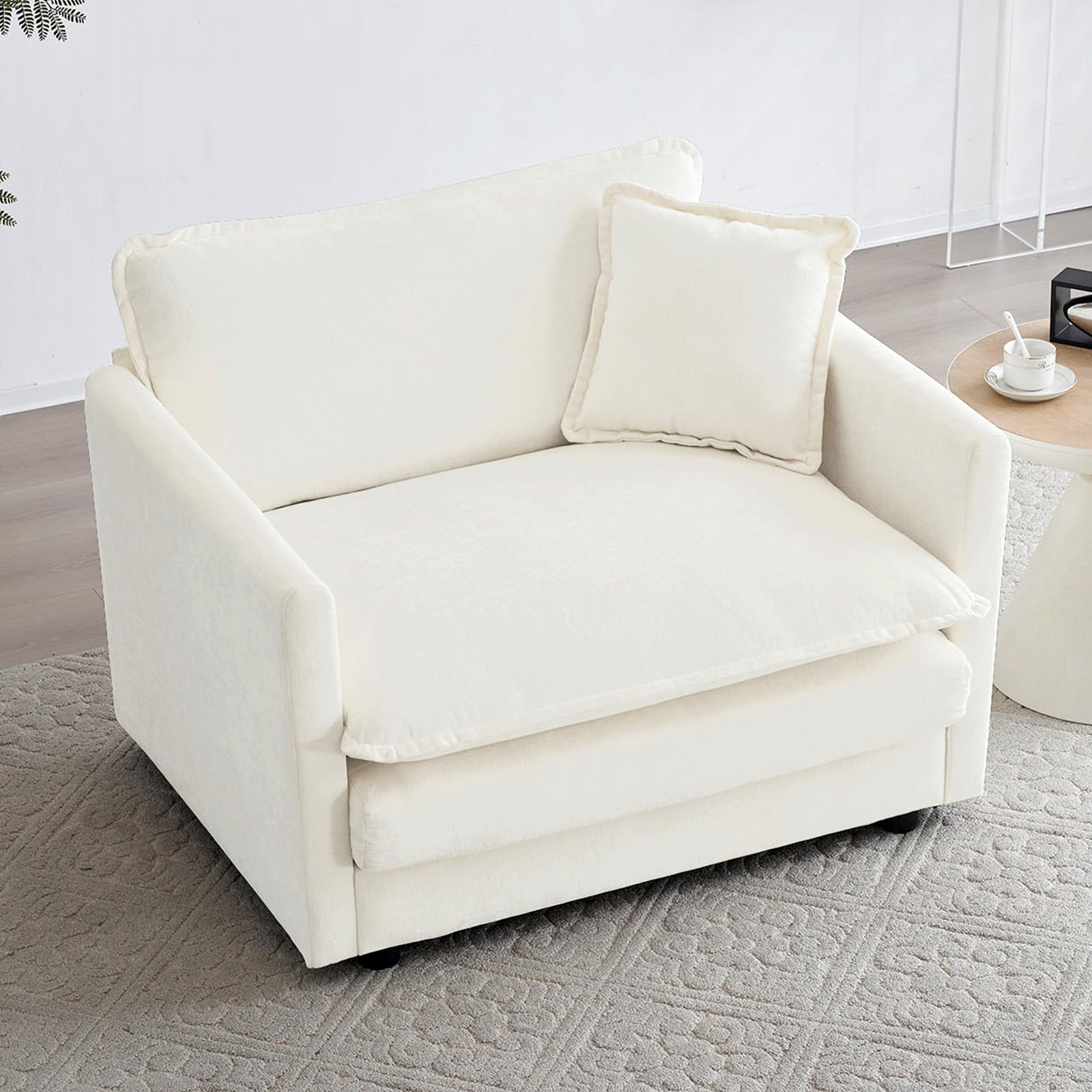 KIVENJAJA Chenille Single Sofa Chair, 41.4”W Oversized Accent Chairs, Modern Upholstered Deep Seat Comfy Armchair with Pillow for Living Room Bedroom Office Apartment, Beige