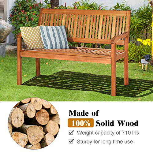 Tangkula Outdoor Wood Bench, Two Person Solid Wood Garden Bench w/Curved Backrest and Wide Armrest, Large Bench for Patio Porch Poolside Balcony, 50" L x 25" W x 36" H (Natural)