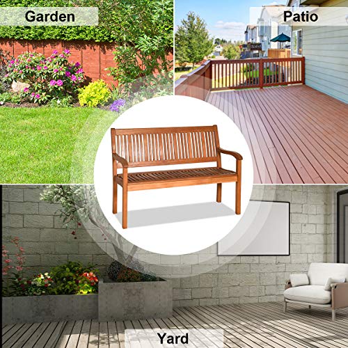 Tangkula Outdoor Wood Bench, Two Person Solid Wood Garden Bench w/Curved Backrest and Wide Armrest, Large Bench for Patio Porch Poolside Balcony, 50" L x 25" W x 36" H (Natural)