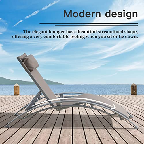 Domi Lounge Chair Set of 2, Aluminum Lounge Chairs for Outside with 5 Adjustable Positions, Chaise Lounge Outdoor for Pool, Garden, Beach, Camping, Backyard (Khaki)
