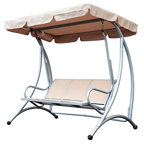 Outsunny 3-Seat Patio Swing Chair, Outdoor Canopy Swing with Stand, Adjustable Shade, Steel Frame for Adults, Garden, Poolside, Beige