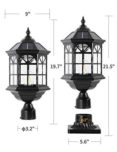 GYDZ Solar Post Light Fixture Outdoor Solar Pier Light, Solar Lamp Post Light for Garden, Patio, Vintage Design Die Cast Aluminum Post Light in Oil-Rubbed Black with Clear Glass, Hard Wired Available