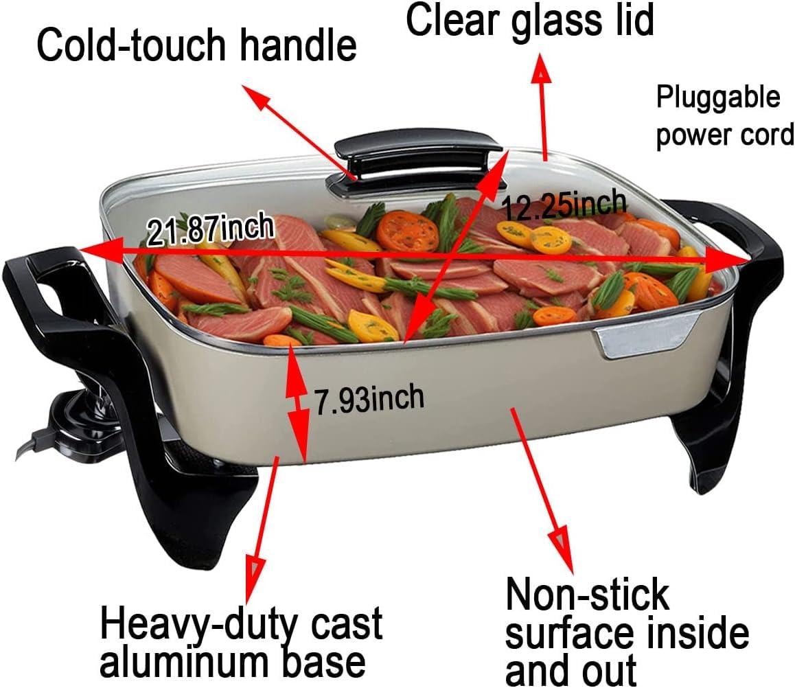 ReLdas Electric Skillet with Lid, Non-Stick, Electric Frying Pan Extra Large 16-Inch Skillet, Ceramic, Adjustable Temperature, Cool-Touch Handle