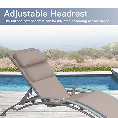 Domi Lounge Chair Set of 2, Aluminum Lounge Chairs for Outside with 5 Adjustable Positions, Chaise Lounge Outdoor for Pool, Garden, Beach, Camping, Backyard (Khaki)