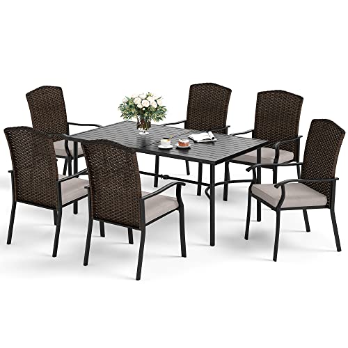 SUNSHINE VALLEY Patio Dining Chairs Set for 6, 7 Piece Wicker Outdoor Table and Chairs, Large Rectangular Metal Patio Dining Table with 1.57” Umbrella Hole Outdoor Dining Sets for Garden Backyard Lawn