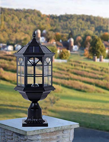 GYDZ Solar Post Light Fixture Outdoor Solar Pier Light, Solar Lamp Post Light for Garden, Patio, Vintage Design Die Cast Aluminum Post Light in Oil-Rubbed Black with Clear Glass, Hard Wired Available