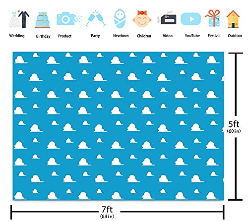 BINQOO 7x5ft Cartoon Blue Sky White Clouds Backdrop Toy Story Kids Birthday Party Boy Baby Shower Photography Background Photo Studio Props