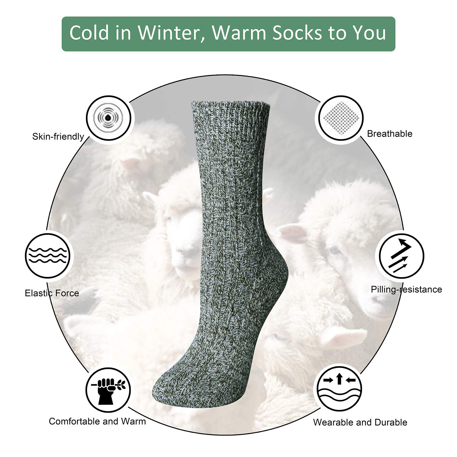 Pack of 5 Womens Winter Socks Warm Thick Knit Wool Soft Vintage Casual Crew Socks Gifts,A-Navy/Dark grey/Brown/Green/Light grey