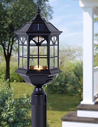 GYDZ Solar Post Light Fixture Outdoor Solar Pier Light, Solar Lamp Post Light for Garden, Patio, Vintage Design Die Cast Aluminum Post Light in Oil-Rubbed Black with Clear Glass, Hard Wired Available