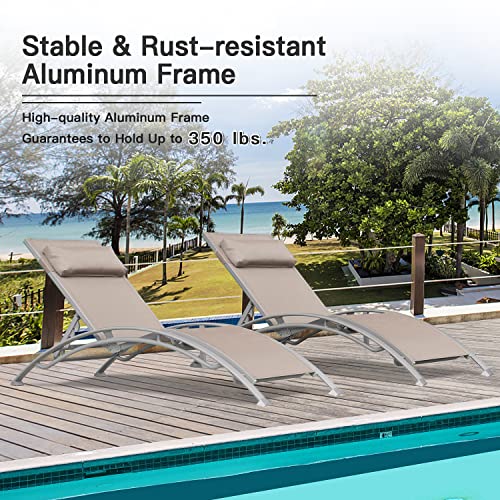 Domi Lounge Chair Set of 2, Aluminum Lounge Chairs for Outside with 5 Adjustable Positions, Chaise Lounge Outdoor for Pool, Garden, Beach, Camping, Backyard (Khaki)
