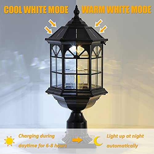 GYDZ Solar Post Light Fixture Outdoor Solar Pier Light, Solar Lamp Post Light for Garden, Patio, Vintage Design Die Cast Aluminum Post Light in Oil-Rubbed Black with Clear Glass, Hard Wired Available