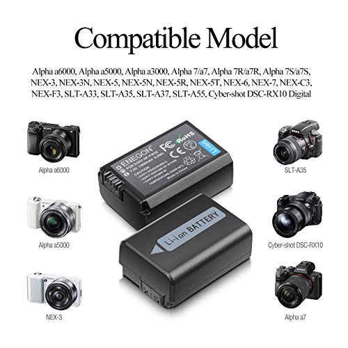 ENEGON NP-FW50 Battery (2-Pack,1300mAh) and Dual Charger for Sony A6000, A6400, A6300, A6500, A7, A7II, A7RII, A7SII, A7S, A7S2, A7R, A7R2, A55, A5100, RX10 Accessories