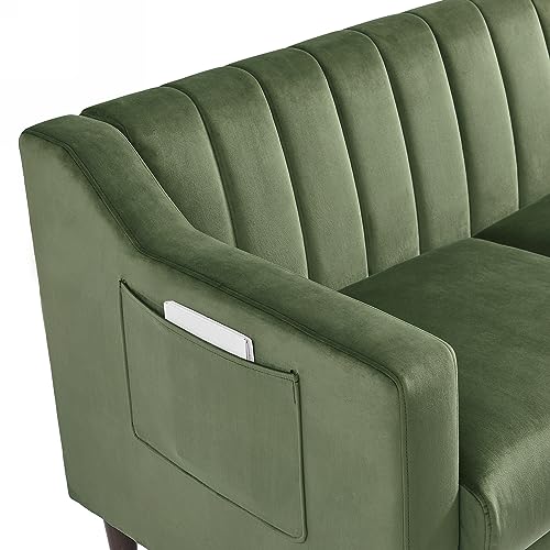 Tidyard Mid Century Modern Chesterfield Sofa Couch, Comfortable Upholstered Sofa with Velvet Fabric and Wooden Frame and Wood Legs for Living Room/Bed Room/Office Green -3 Seats