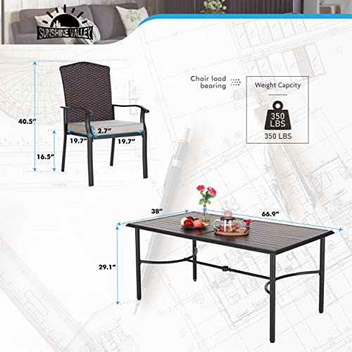 SUNSHINE VALLEY Patio Dining Chairs Set for 6, 7 Piece Wicker Outdoor Table and Chairs, Large Rectangular Metal Patio Dining Table with 1.57β Umbrella Hole Outdoor Dining Sets for Garden Backyard Lawn