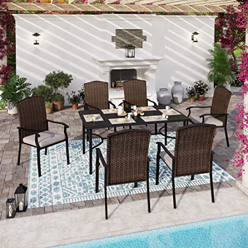 SUNSHINE VALLEY Patio Dining Chairs Set for 6, 7 Piece Wicker Outdoor Table and Chairs, Large Rectangular Metal Patio Dining Table with 1.57β Umbrella Hole Outdoor Dining Sets for Garden Backyard Lawn
