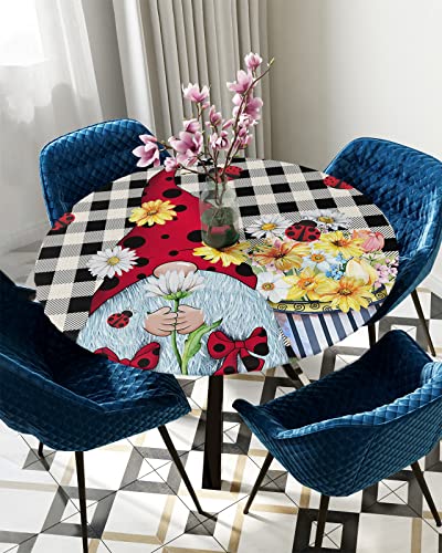 Spring Summer Sunflower Gnome Round Waterproof Table Cover Fitted Tablecloth,Black White Buffalo Plaid Check Wipeable Fabric Elastic Table Cloth Oil-Proof Tablecover for Outdoor Picnic Party,36"-44"