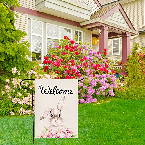 Welcome Floral Bunny Garden Flag Vertical Double Sided Easter Bunny Rabbit, Spring Summer Rustic Farmhouse Yard Outdoor Decoration 12.5 x 18 Inch