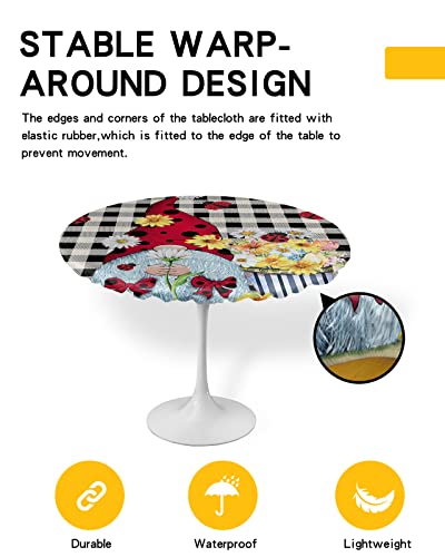 Spring Summer Sunflower Gnome Round Waterproof Table Cover Fitted Tablecloth,Black White Buffalo Plaid Check Wipeable Fabric Elastic Table Cloth Oil-Proof Tablecover for Outdoor Picnic Party,36"-44"