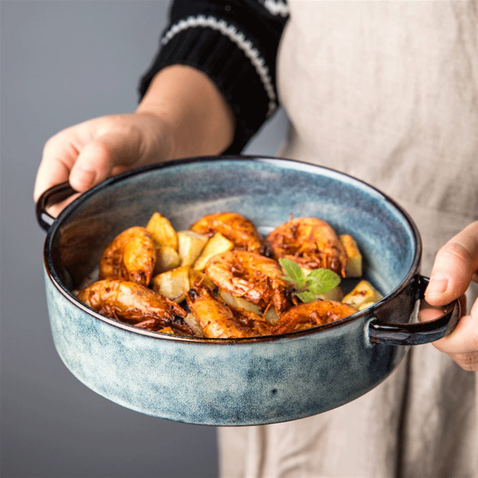 WAOCEO Dinner plate Dinner Plate Chinese Creative Ceramic Plate Household Double Ear Handle Large Bowl Plate Round Porcelain Dinner Plates Dishes Plates (Color : B)