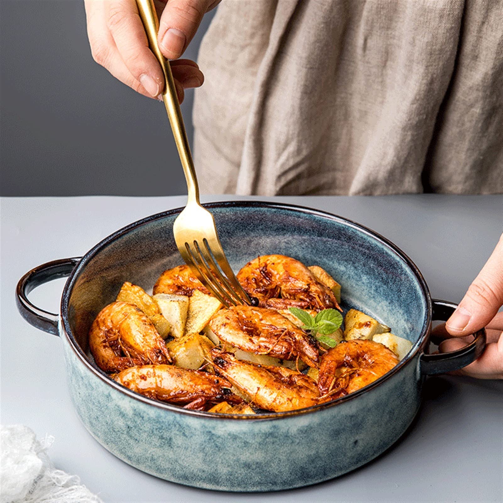 WAOCEO Dinner plate Dinner Plate Chinese Creative Ceramic Plate Household Double Ear Handle Large Bowl Plate Round Porcelain Dinner Plates Dishes Plates (Color : B)