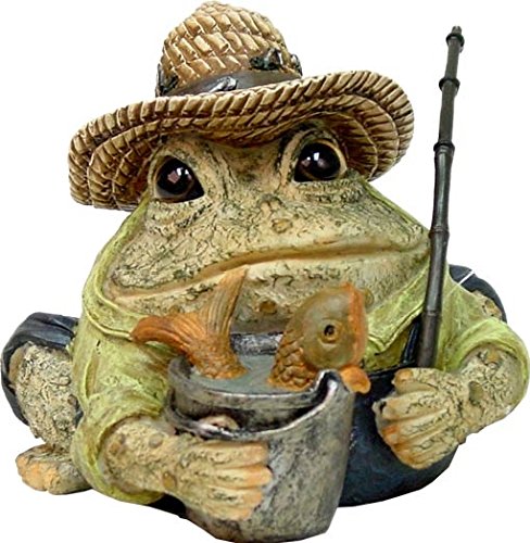 Homestyles Toad Hollow #94014 Figurine Angler Fisherman with Fish in Pail, Fishing Pole, Hat with Lures Sports Character Garden Statue Large 8.5" h Toad Figure Natural Brown