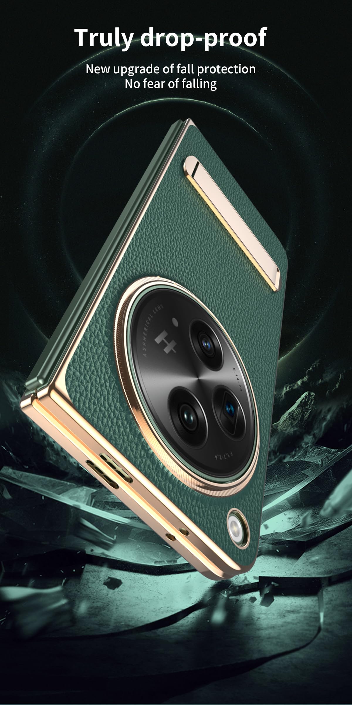 Mangix for OnePlus Open Case,Luxury Premier Genuine Leather,Full Body Hinge Protection,Built-in Screen Protector,Kickstand Drop Proof Protective Cover (Green)