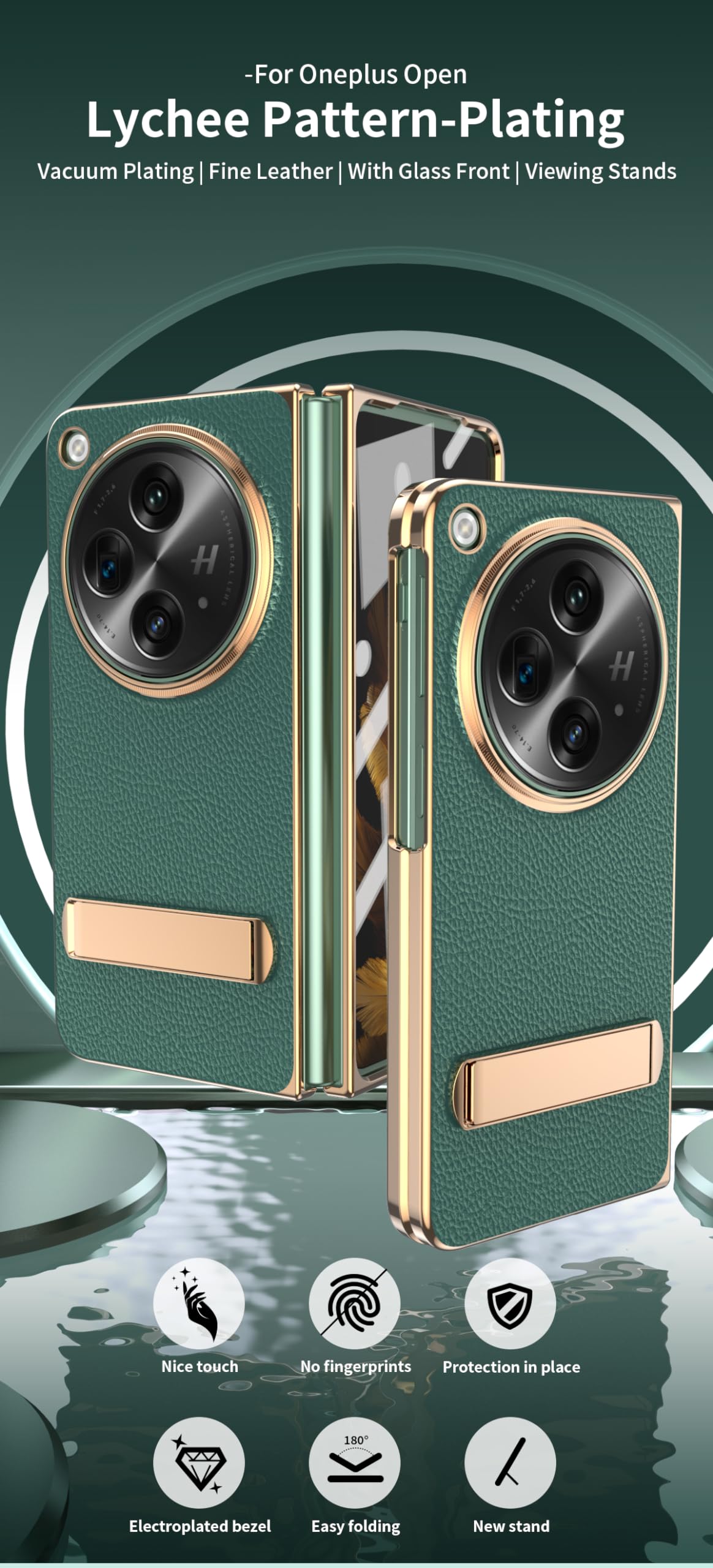 Mangix for OnePlus Open Case,Luxury Premier Genuine Leather,Full Body Hinge Protection,Built-in Screen Protector,Kickstand Drop Proof Protective Cover (Green)