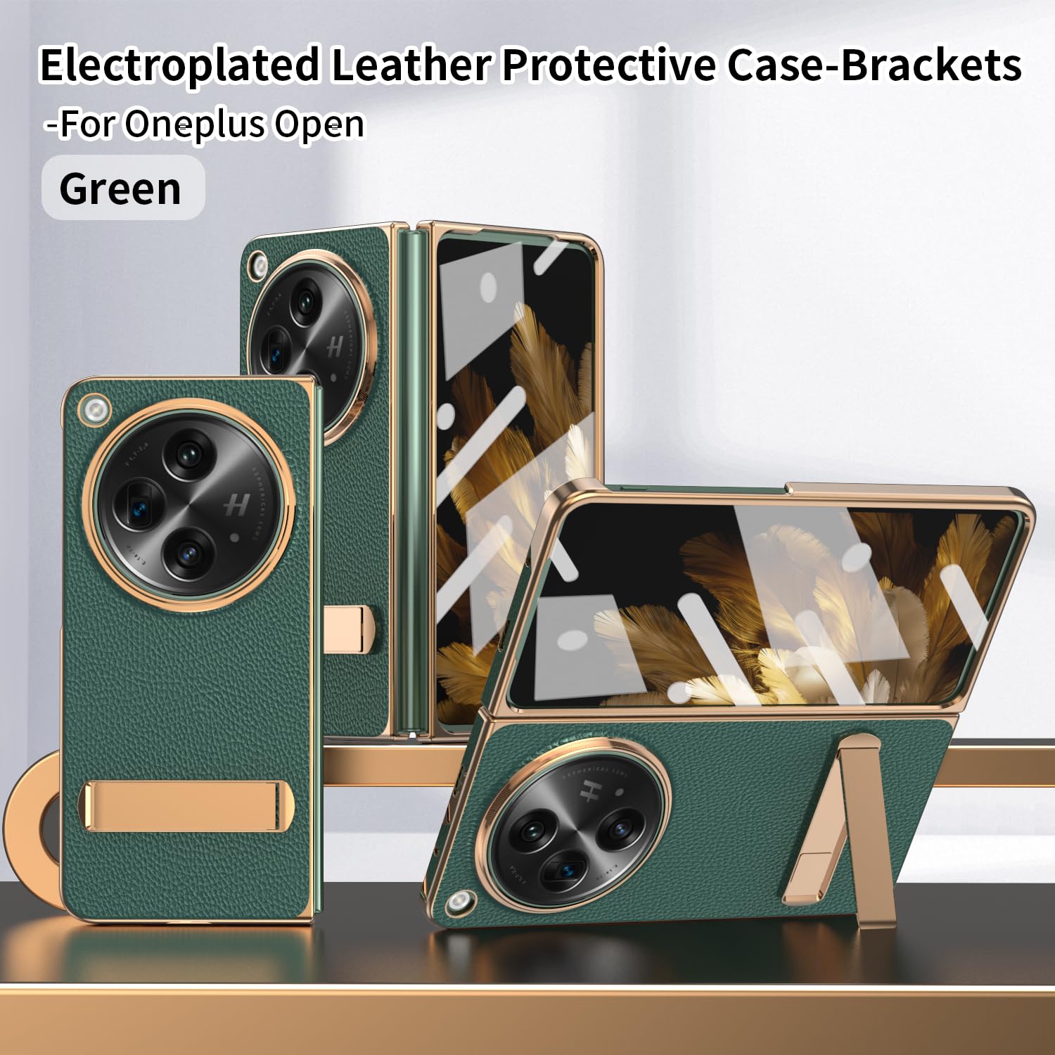 Mangix for OnePlus Open Case,Luxury Premier Genuine Leather,Full Body Hinge Protection,Built-in Screen Protector,Kickstand Drop Proof Protective Cover (Green)
