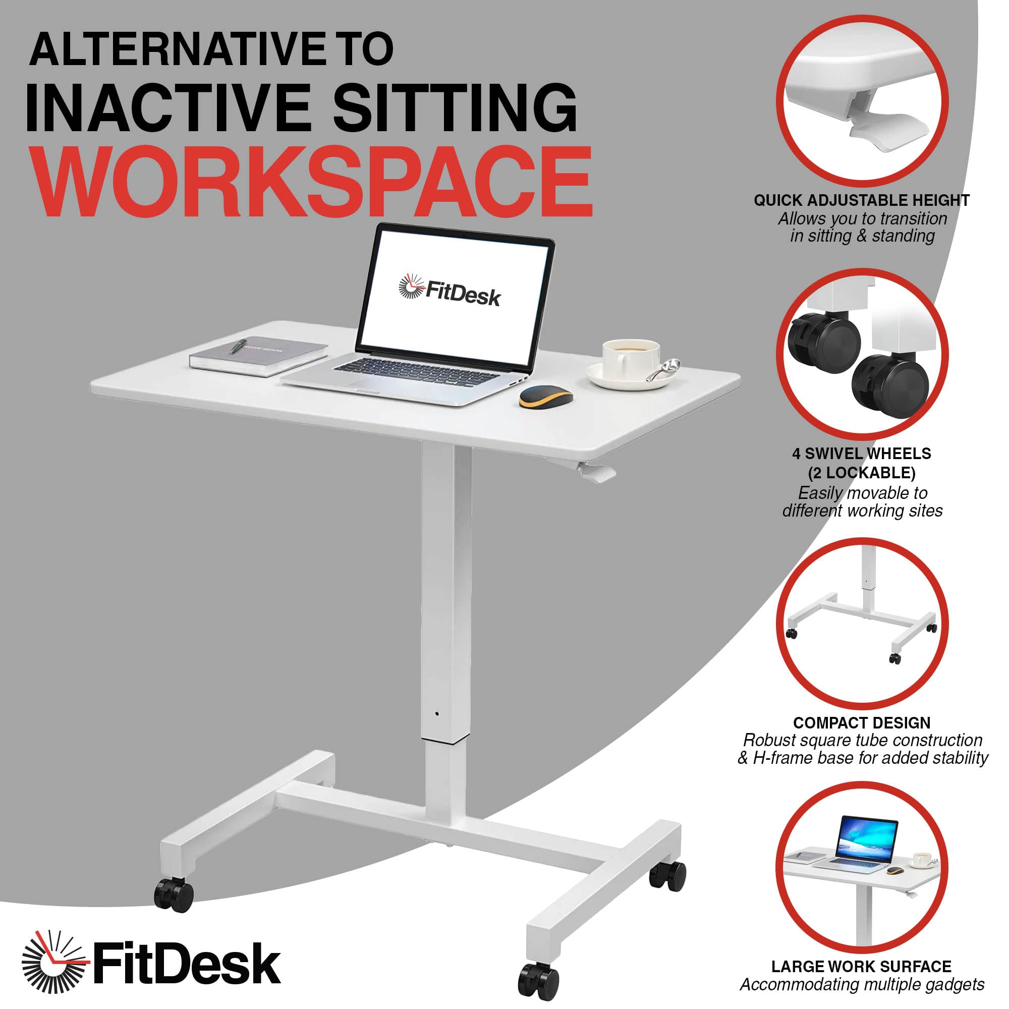 FitDesk Adjustable Desk- Height Adjustable Laptop Desk- Stand Up Desk- Pneumatic Standing Desk- Portable Desk for Laptop- Adjustable Mobile Desk- Portable Office Desk for Home Office- White, 27"
