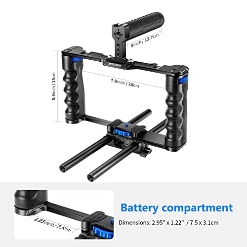 NEEWER Aluminum Alloy Camera Cage, Filmmaking Rig with Top Handle, Dual Grips & Arca Type Base, Compatible with Sony A7S III A7IV A6600 Canon EOS R5C R5 R6 DSLR/Mirrorless Cameras - VS107, Blue