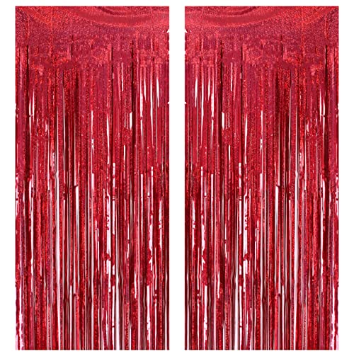 2 Pack 3.2ft x 8.2ft Red Foil Fringe Curtain, Glitter Metallic Tinsel Foil Fringe Curtains Photo Booth Backdrop Tinsel Door Curtains for Wedding Bridal Shower Bachelorette Christmas Party Decorations