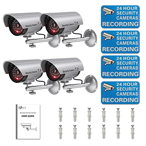 WALI Bullet Dummy Fake Surveillance Security CCTV Dome Camera Indoor Outdoor with one LED Light Warning Security Alert Sticker Decals (TC-S4), 4 Packs, Silver