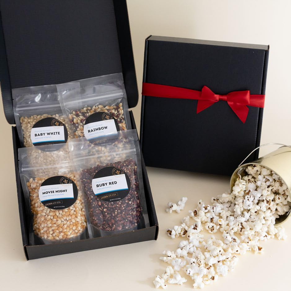 Custom Movie Popcorn Gift Set β Pick Your Set of 4 | Variety Popcorn Kernel Gift Set | Non-GMO Snacks & Gluten Free Popcorn + Accessories with Ready Black Gift Box by Dell Cove Spices and More