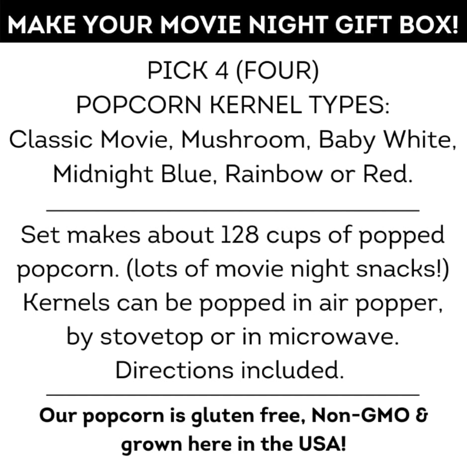 Custom Movie Popcorn Gift Set β Pick Your Set of 4 | Variety Popcorn Kernel Gift Set | Non-GMO Snacks & Gluten Free Popcorn + Accessories with Ready Black Gift Box by Dell Cove Spices and More