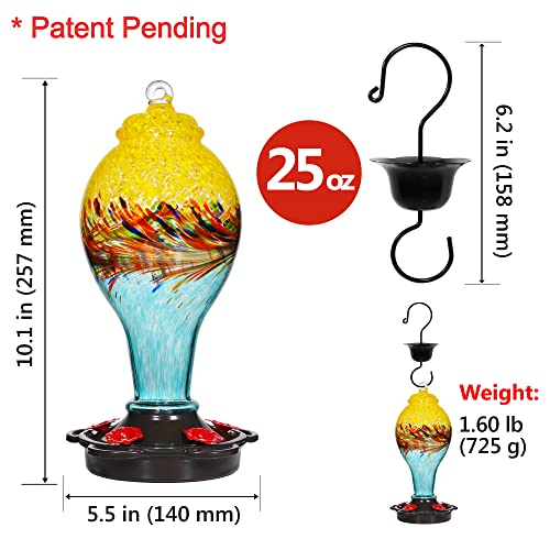 LUJII Hand Blown Glass Hummingbird Feeder for Outdoors with Ant Moat, Leak Proof & Rustproof , 25oz, Metal Base Cover with 5 Feeding Ports & Perches, Glass Art for Garden Decor (Blue Mixed Yellow)