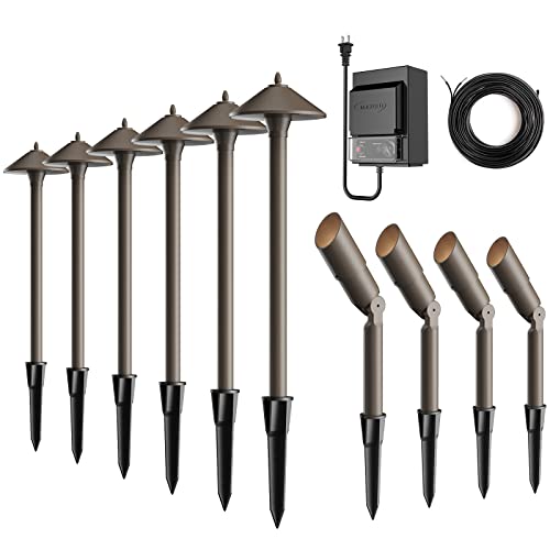 Malibu Low Voltage Landscape Lights Kit Outdoor Pathway Lighting 12V spot Lights 10 Pack with Electrical Wire and Low Voltage Transformer for Outdoor Garden Driveway 8308-9903-10, Bronze