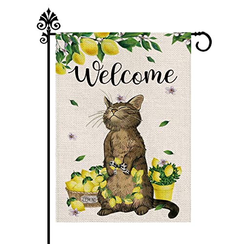 Summer Garden Flag Lemon Tree Cat Double Sided Vertical Welcome Flag Summer Home Yard Outdoor Decoration 12.5×18 Inch