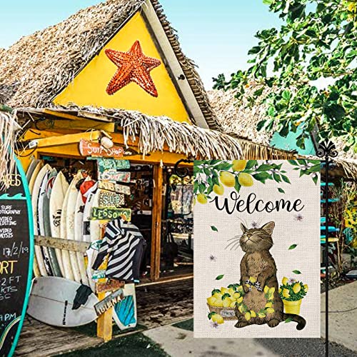 Summer Garden Flag Lemon Tree Cat Double Sided Vertical Welcome Flag Summer Home Yard Outdoor Decoration 12.5×18 Inch