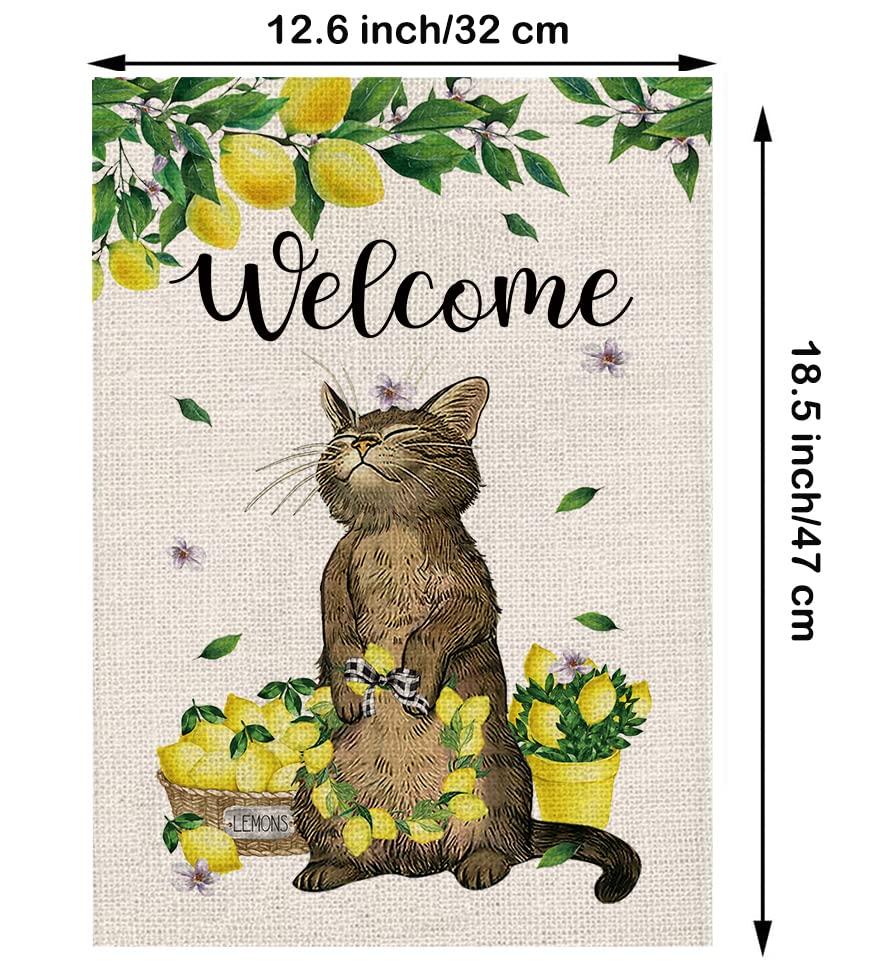 Summer Garden Flag Lemon Tree Cat Double Sided Vertical Welcome Flag Summer Home Yard Outdoor Decoration 12.5×18 Inch