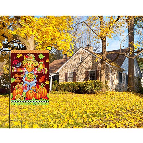 Happy Fall Garden Flags,Double Sided Autumn Flag Scarecrow Harvest Pumpkin Yard Decorations Fall House Flags 12 x 18 Inch Small Fall Yard Garden Flags