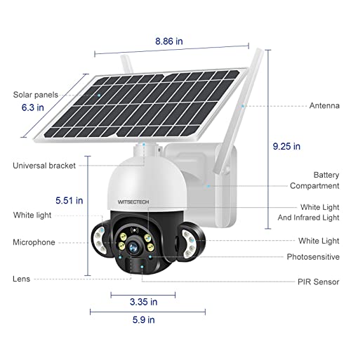 WITSECTECH 4G LTE Cellular Security Camera with SIM(Verizon AT&T T-Mobile) Solar Outdoor Camera 2K Live Video,360° PTZ,Night Vision,Spotlight,PIR Motion Alerts,Cloud Storage- No WiFi Camera
