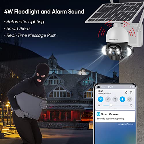 WITSECTECH 4G LTE Cellular Security Camera with SIM(Verizon AT&T T-Mobile) Solar Outdoor Camera 2K Live Video,360° PTZ,Night Vision,Spotlight,PIR Motion Alerts,Cloud Storage- No WiFi Camera